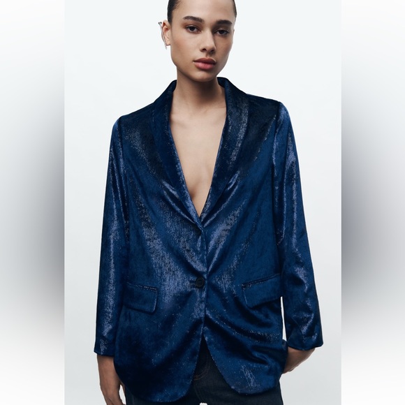 Zara | Jackets & Coats | Zara Navy Blue Velvet Blazer Zw Collectionnwt ...